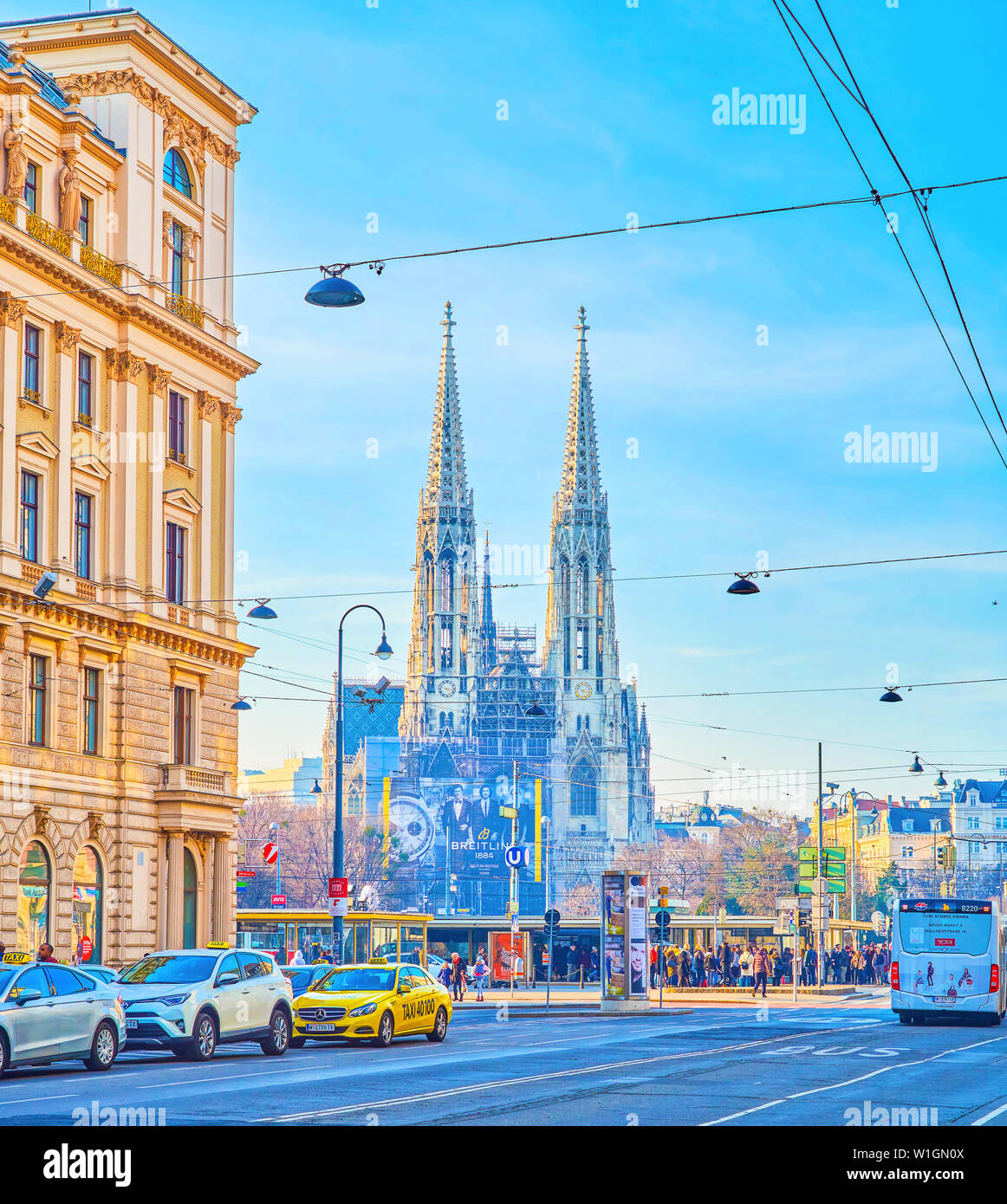 VIENNA, AUSTRIA - FEBRUARY 18, 2019: The high spires of bell towers of ...