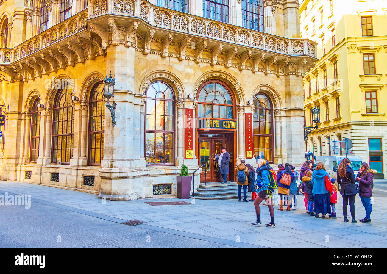 VIENNA, AUSTRIA - FEBRUARY 18, 2019: The line of people in front of ...