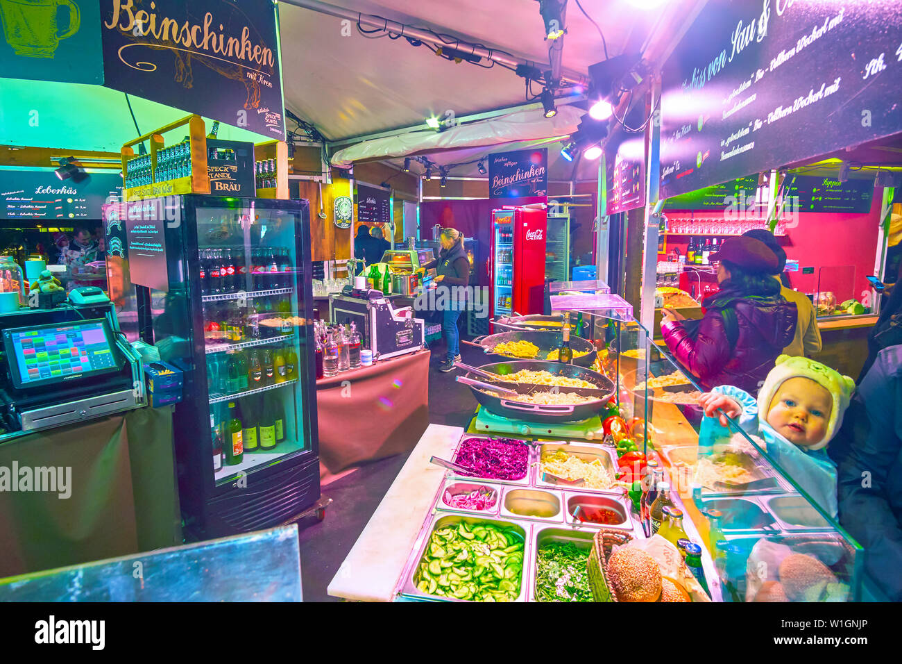 VIENNA, AUSTRIA - FEBRUARY 18, 2019: The food stall with variety of ...