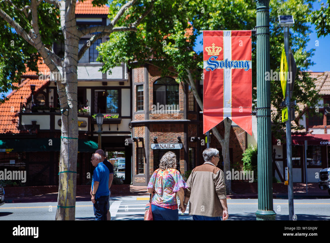 A denmark flag in Solvang danish town, Santa Barbara, California, USA ...