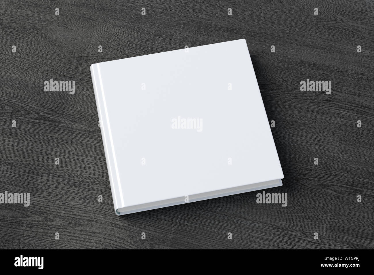 Blank square book cover mock up on black wooden background. 3d ...