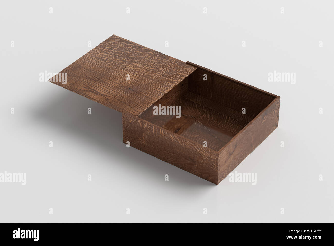 Dark opened wooden square box with sliding lid on white background. 3d ...