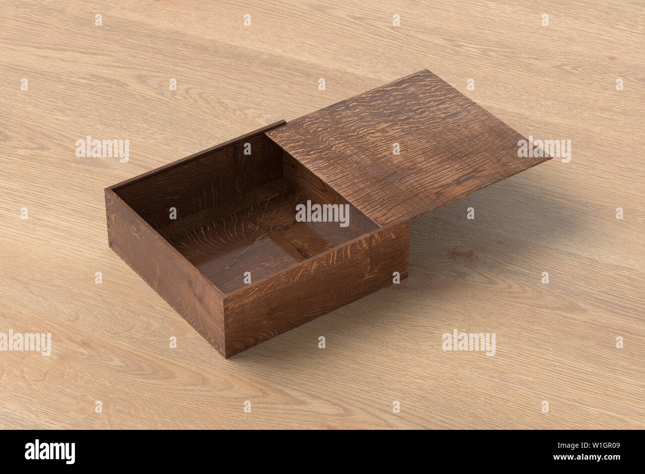 Dark opened wooden square box with sliding lid on wooden background. 3d ...