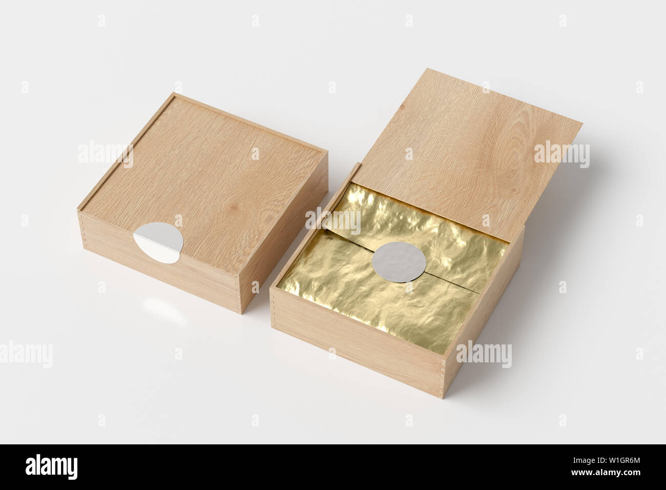 Two wooden square boxes with sliding lid on white background. Opened ...