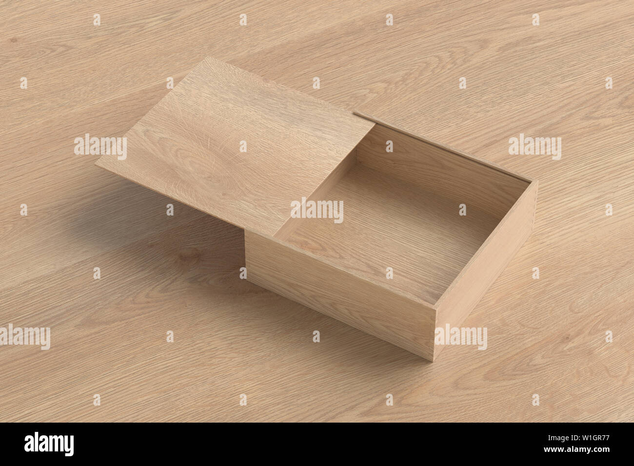 Wooden opened square box with sliding lid on wooden background. 3d ...