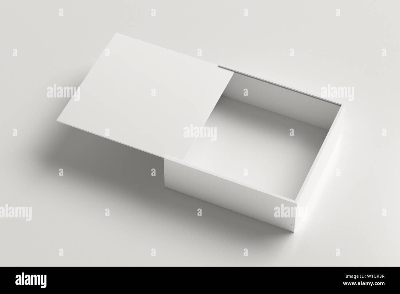 White opened square box with sliding lid on white background. 3d ...