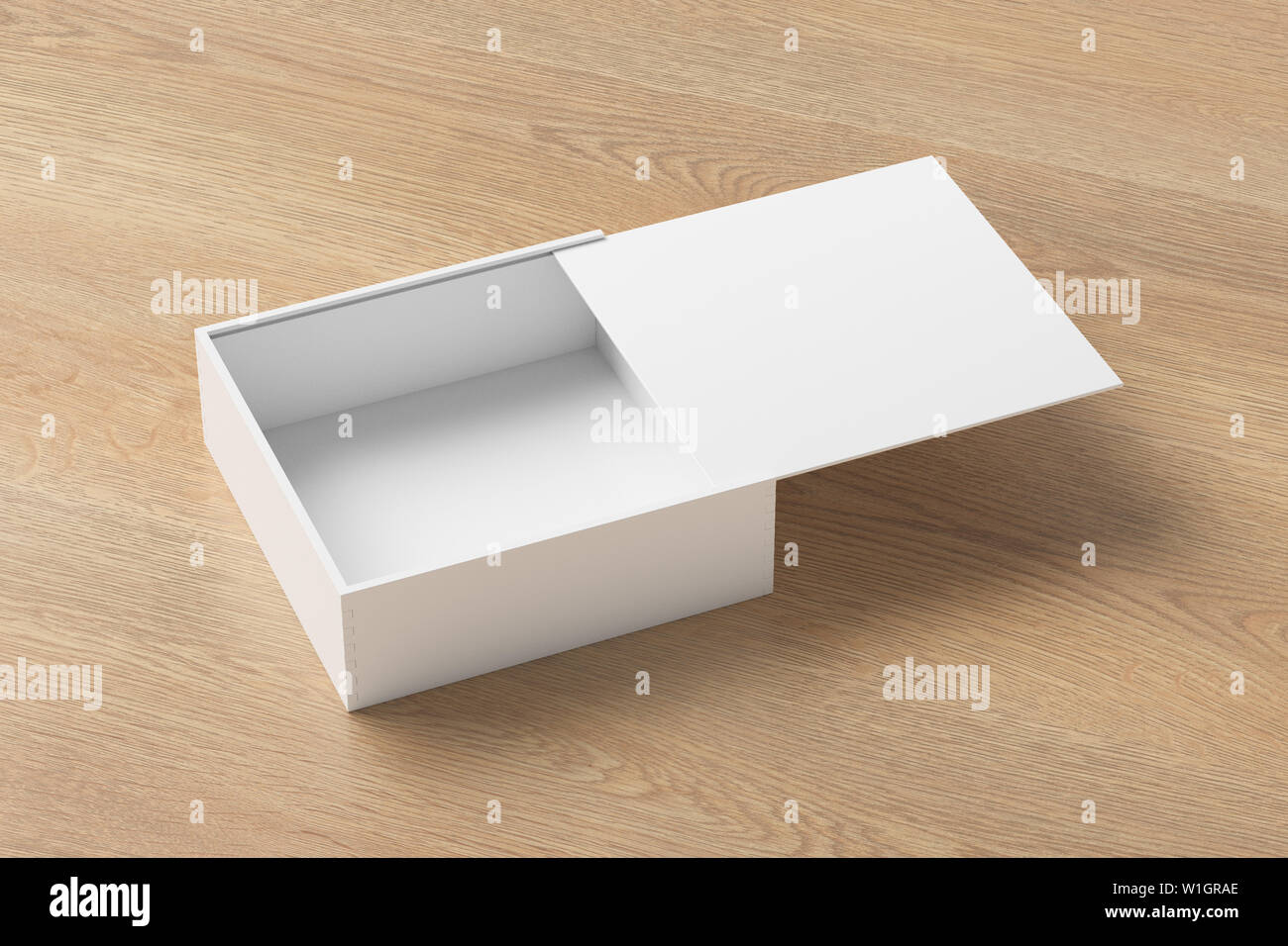 White opened square box with sliding lid on wooden background. 3d ...