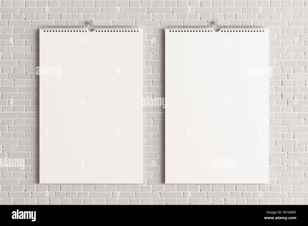 Two blank calendars mock up on the white brick wall. 3d illustration ...