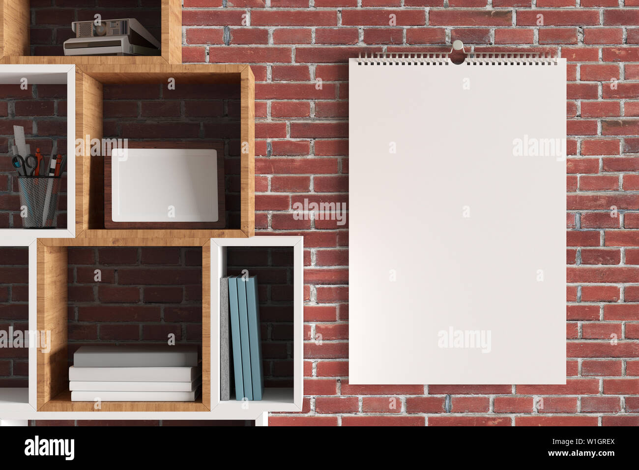 Blank vertical calendar mock up on the brick wall with bookshelf. 3d ...