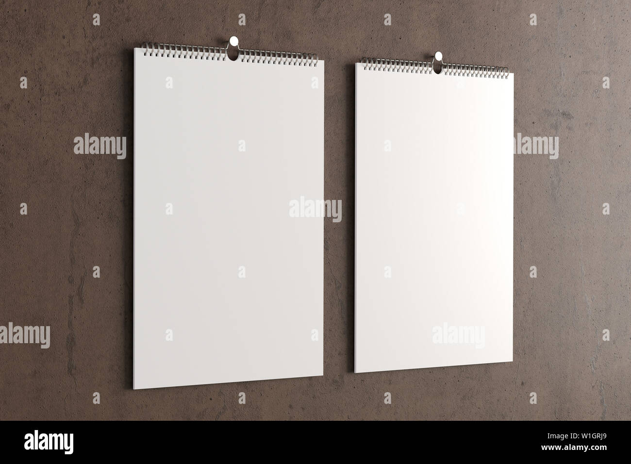 Two blank calendars mock up on the brown concrete wall. 3d illustration ...
