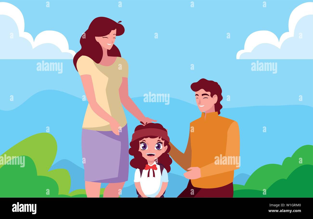 cute little student girl with parents in landscape vector illustration ...