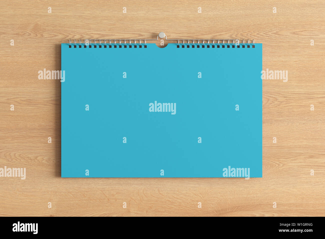 Blank horizontal cyan calendar mock up on the wooden wall. 3d ...