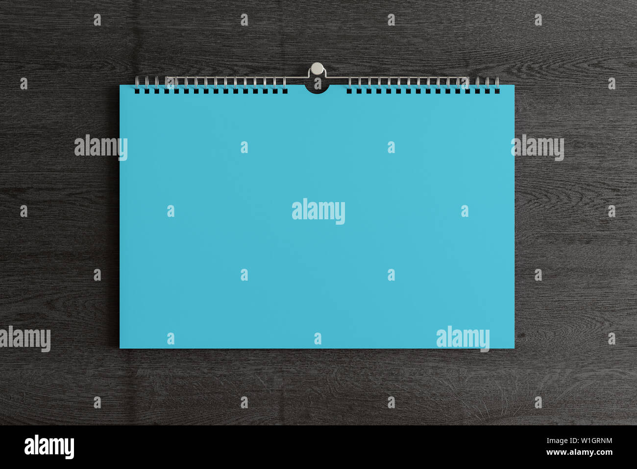 Blank cyan horizontal calendar mock up on the black wooden wall. 3d ...