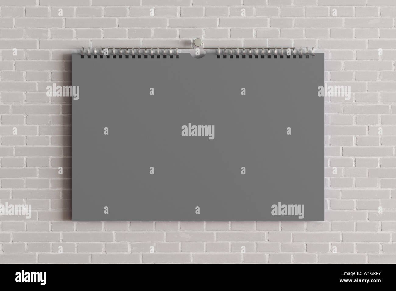 Blank horizontal gray calendar mock up on the white brick wall. 3d ...