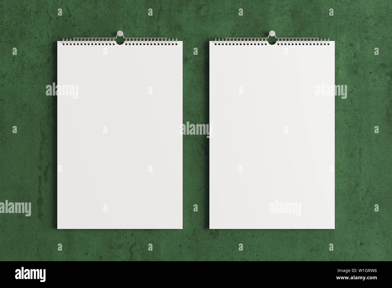 Two blank calendars mock up on the green concrete wall. 3d illustration ...