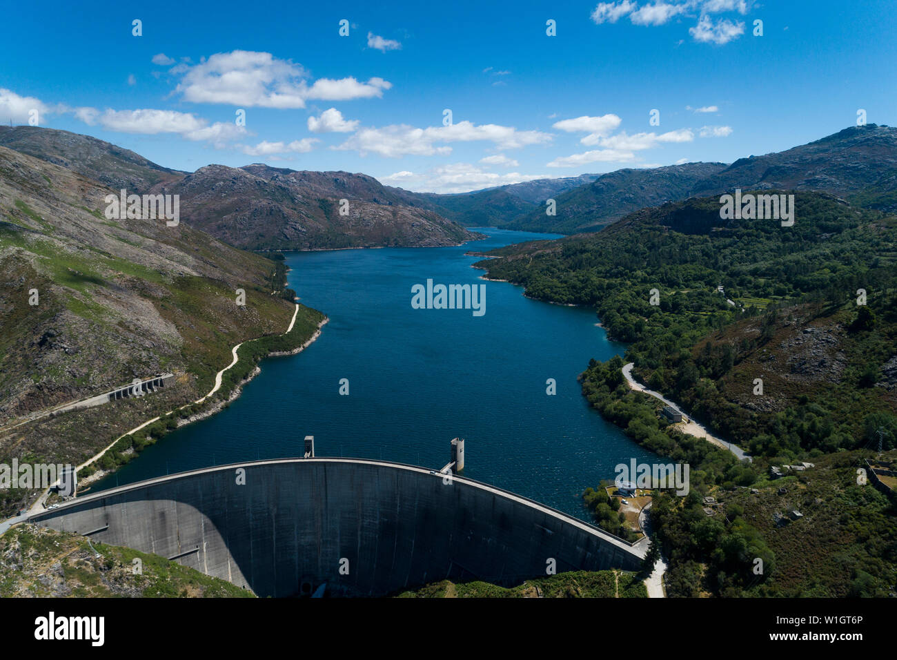 Aerial scenic view of the Vilarinho das Furnas Dam at the Peneda Geres ...