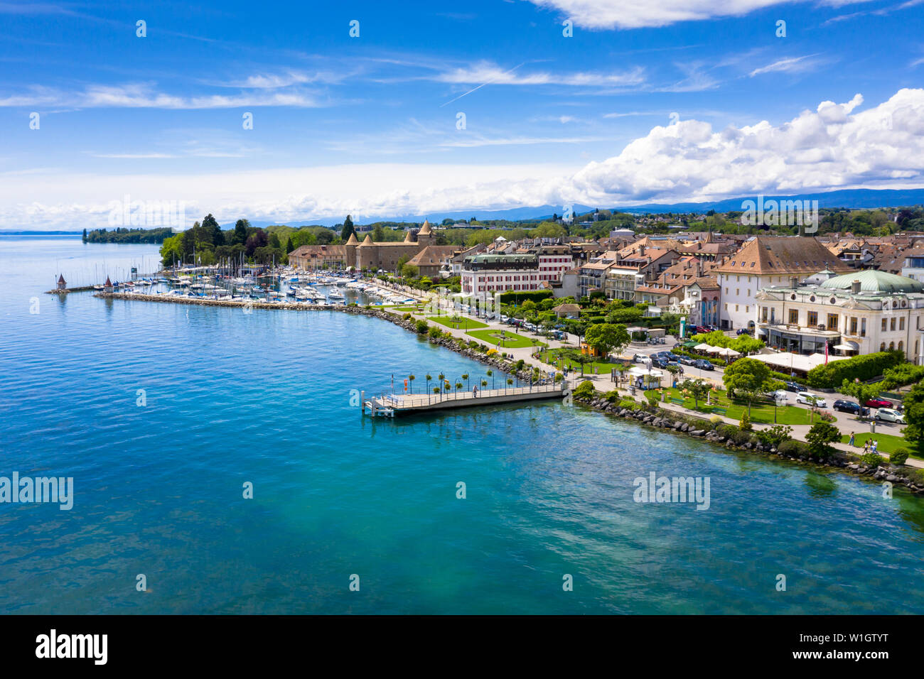 Aerial view of Morges city waterfront in the border of the Leman Lake ...