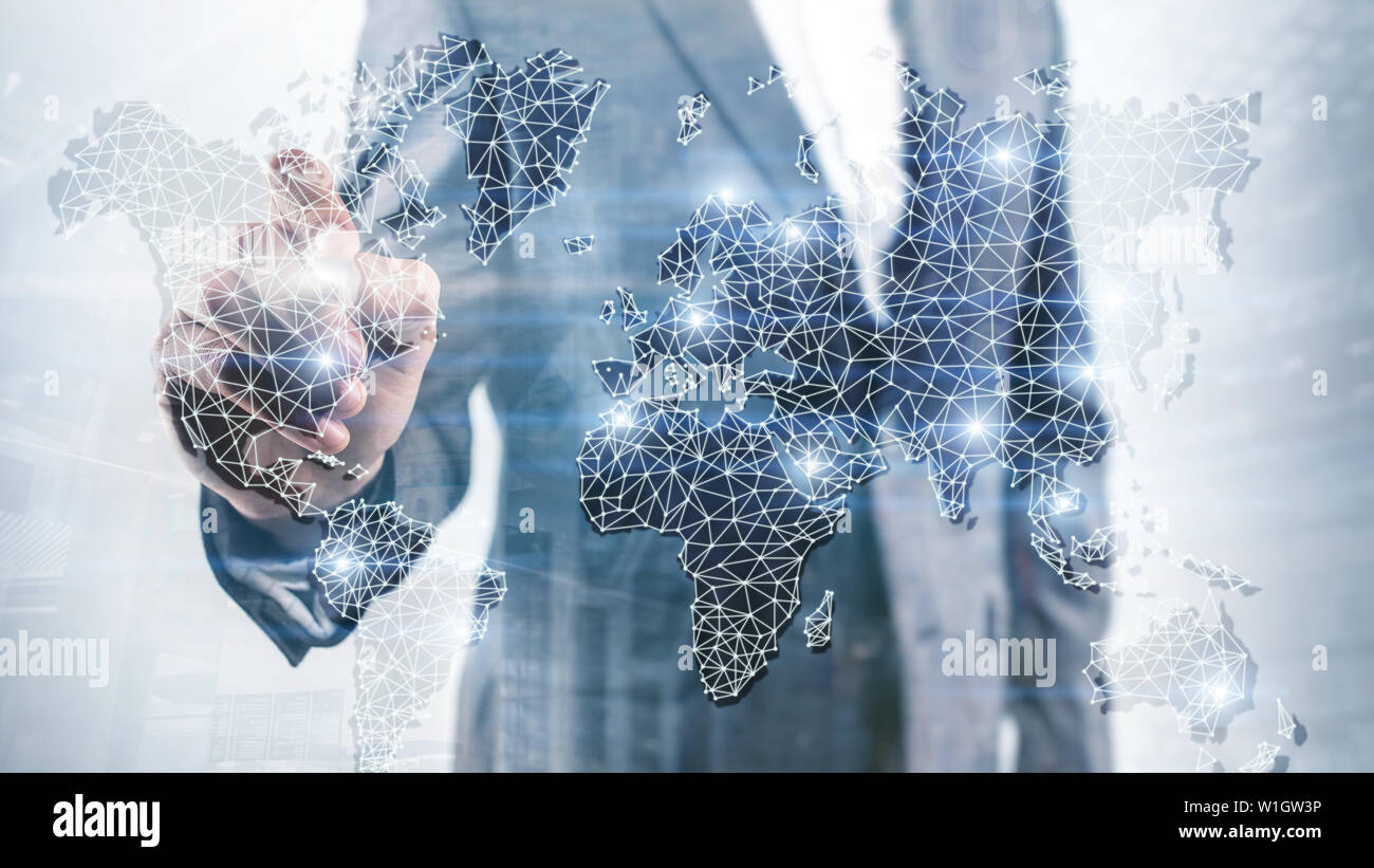Global World Map Double Exposure Network. Telecommunication ...