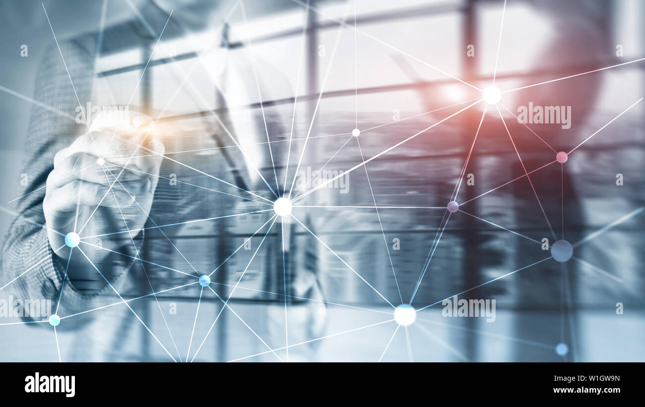 Blockchain network on blurred skyscrapers background. Financial ...