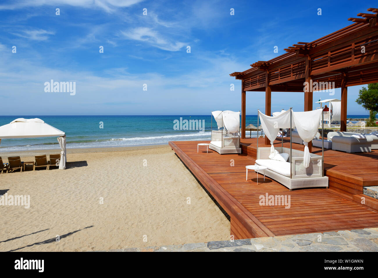 The beach at luxury hotel, Crete, Greece Stock Photo - Alamy