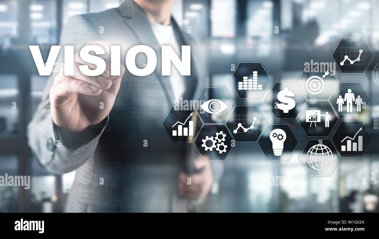 Vision concept. Business people and modern city on background. Virtual ...