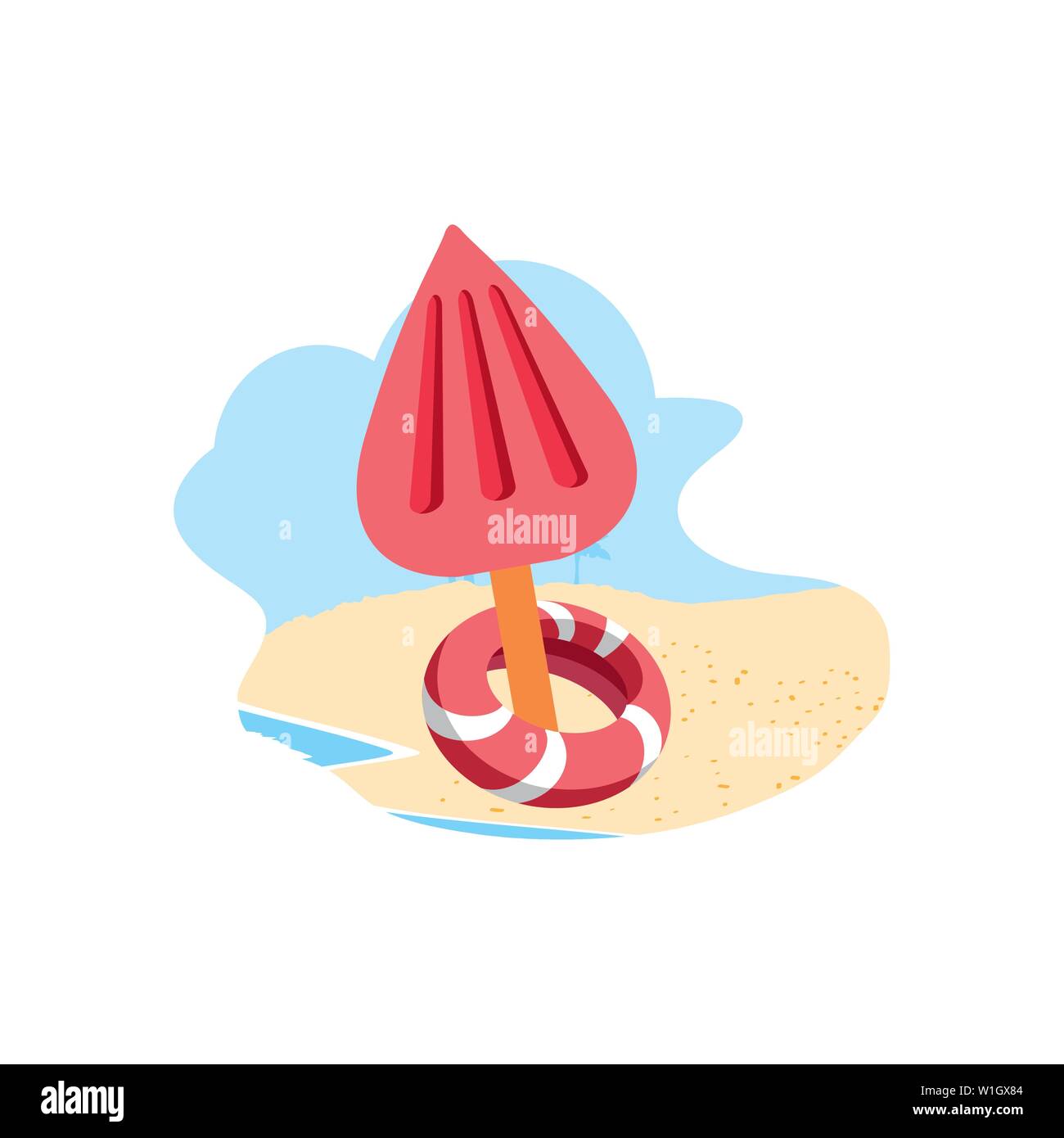 ice cream with stick in the beach and float vector illustration design ...