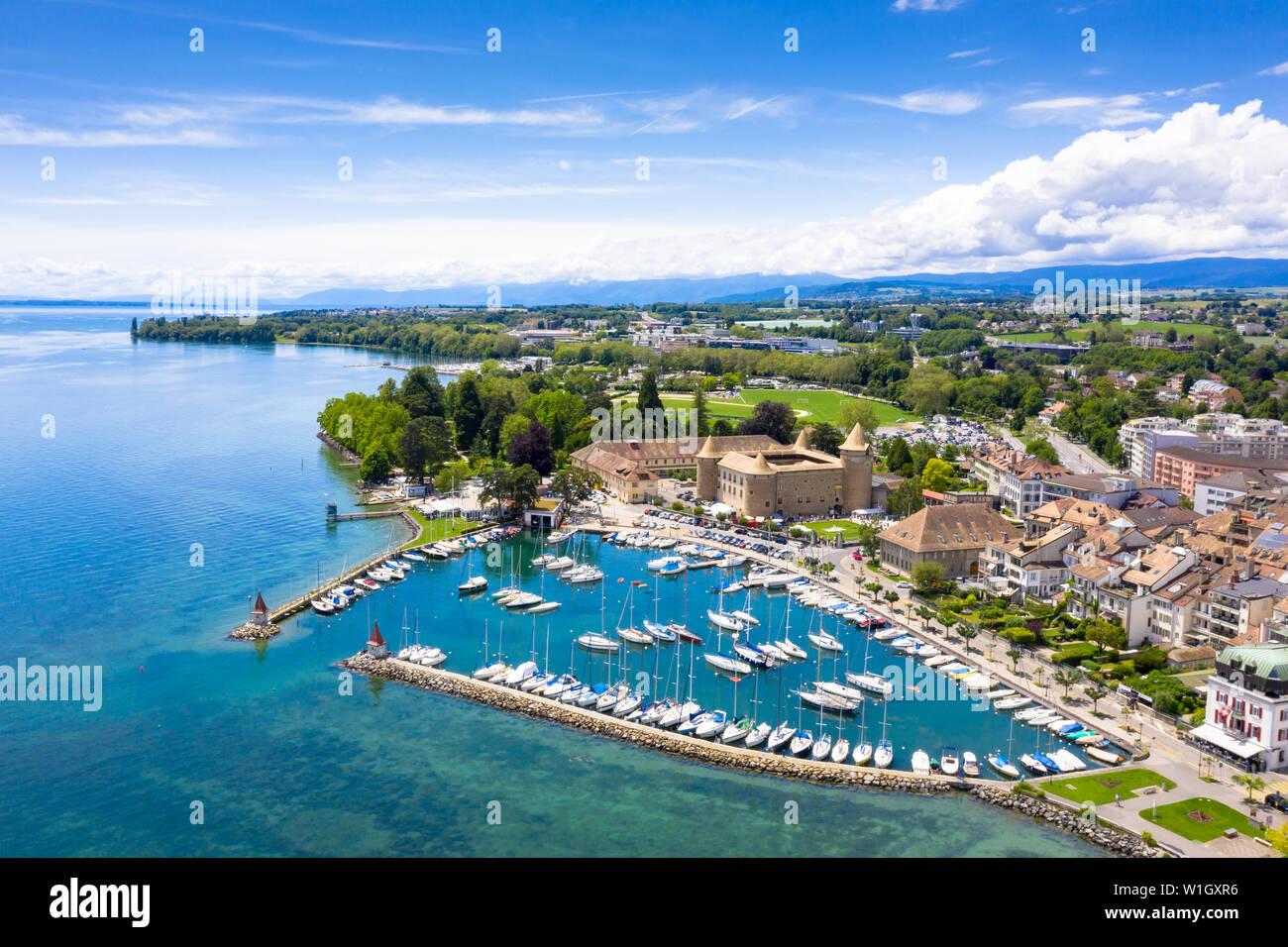 Aerial view of Morges castle in the border of the Leman Lake in ...