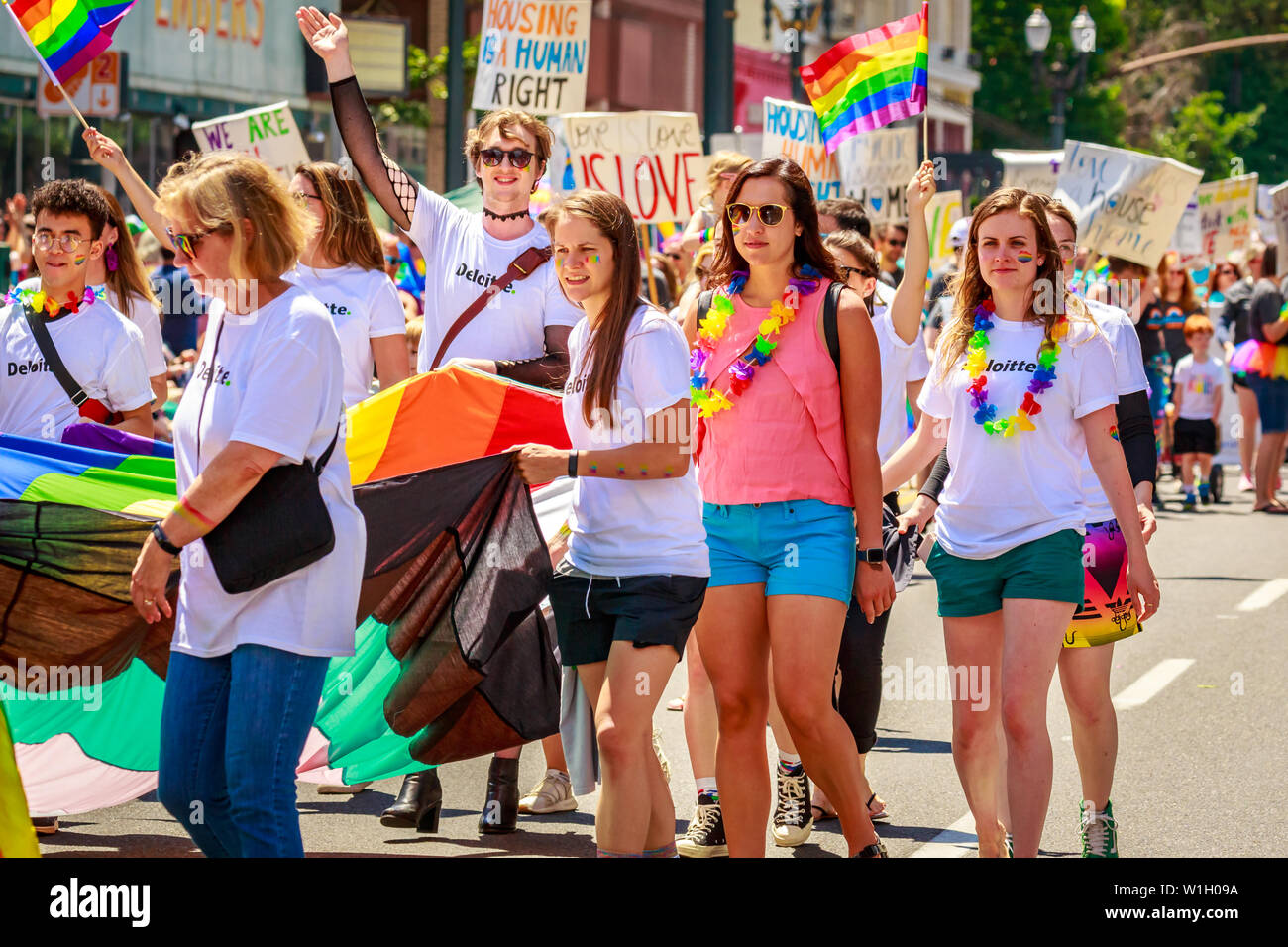 Portland, Oregon, USA - June 16, 2019: Diversified group of people in ...