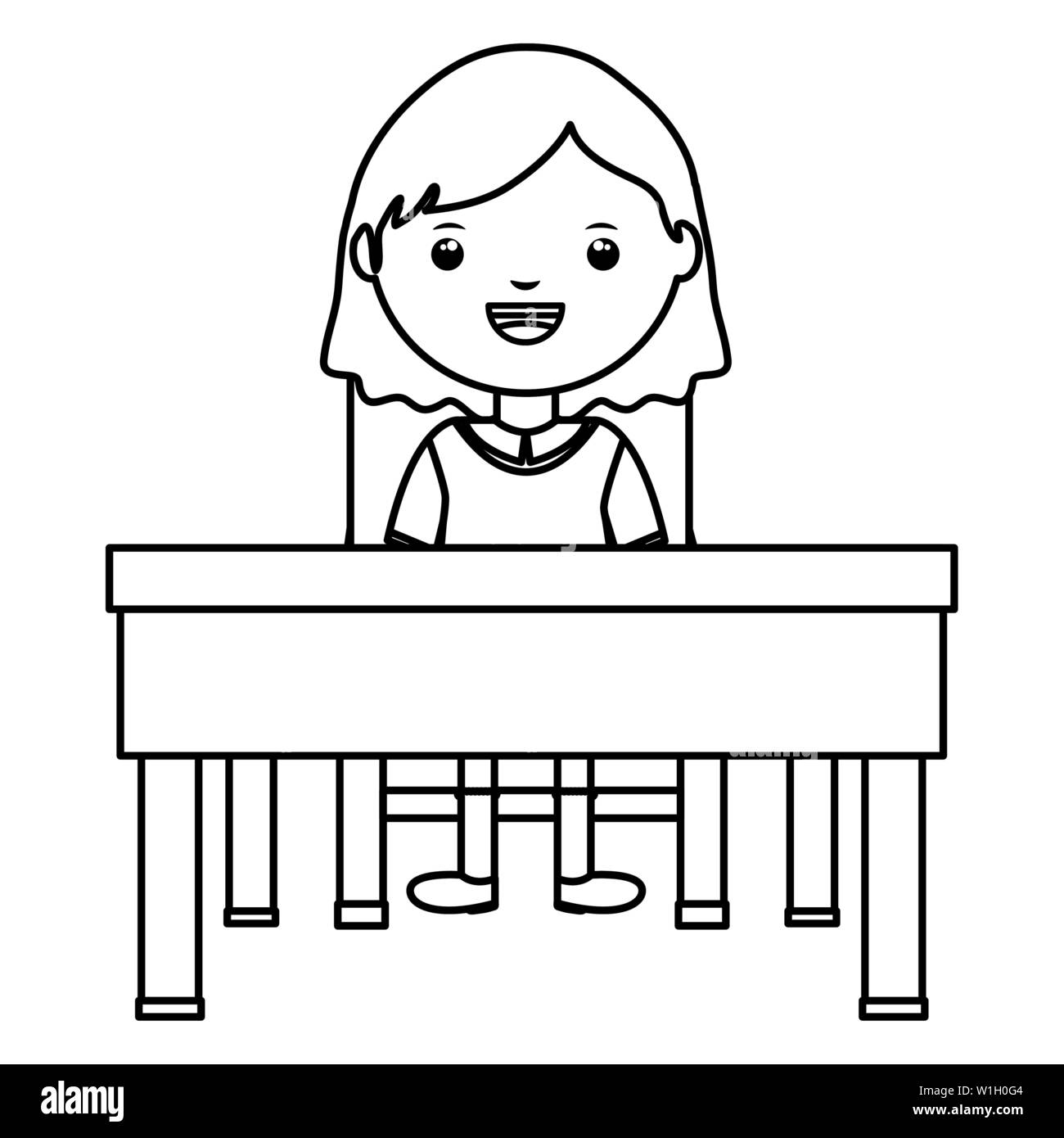 cute little student girl sitting in schooldesk vector illustration ...