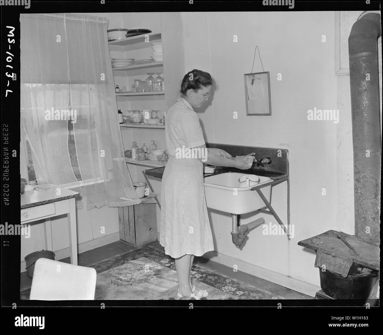 Mrs. Rufus Wilson emptying tray of ice cubes in her kitchen. She lives ...