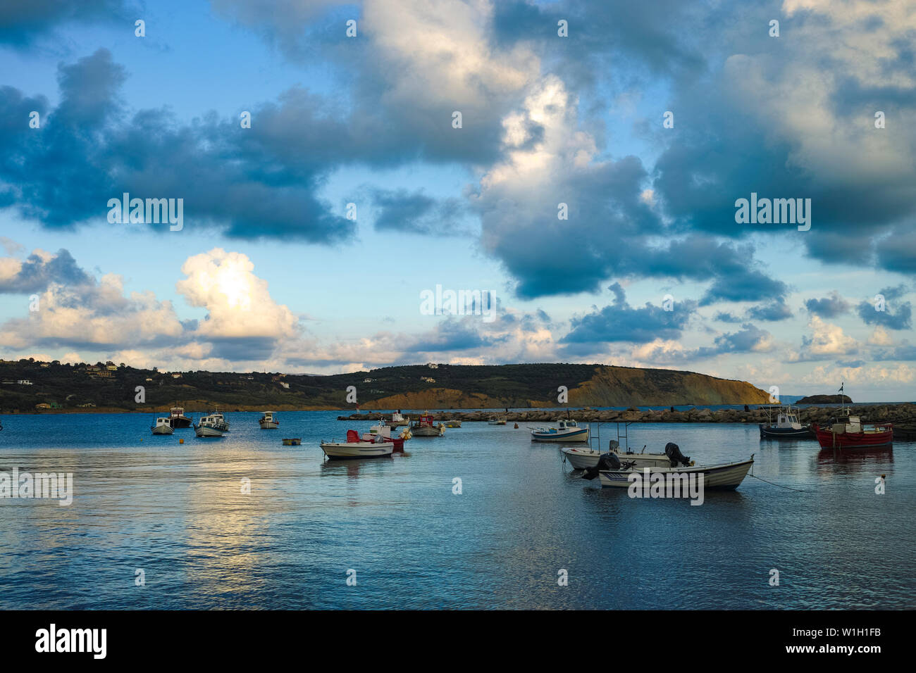 Seascape with sea harbor with clear blue water and traditional colorful ...