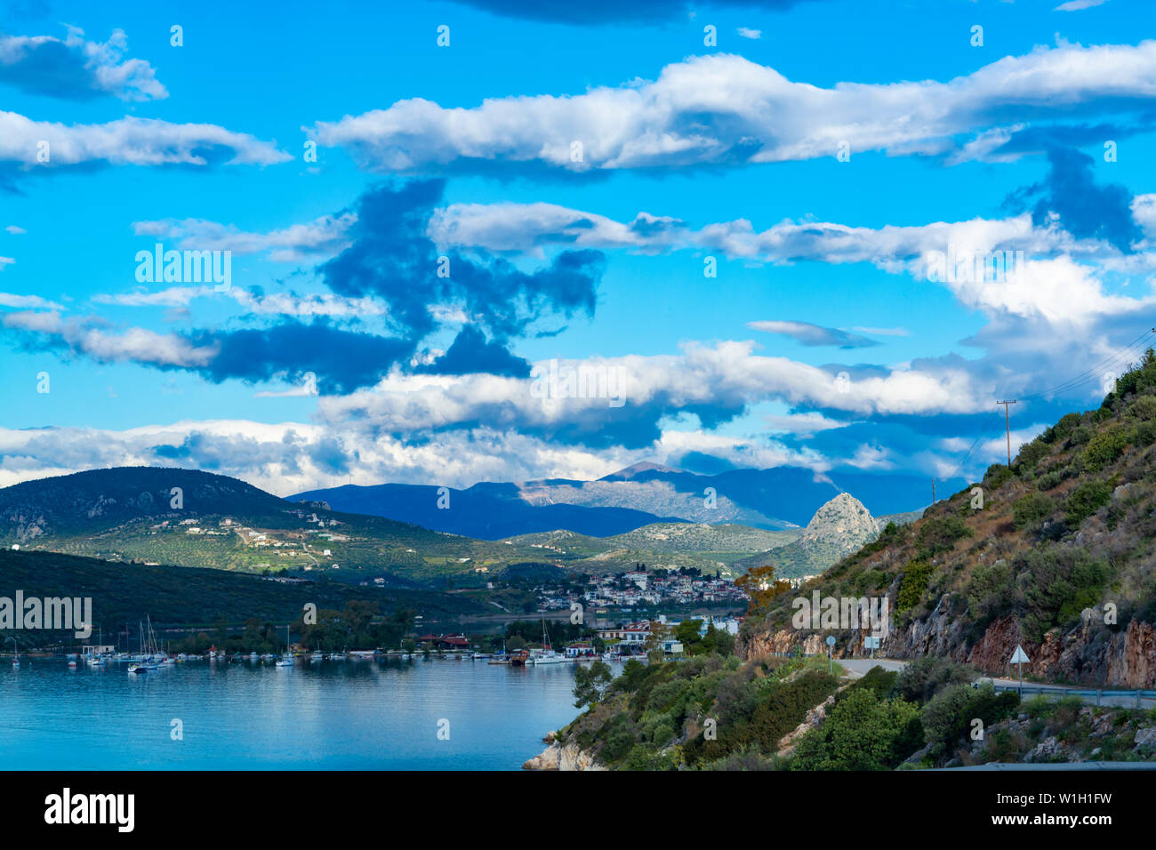 Landscape with small greek islands bays and villages on Peloponnese ...