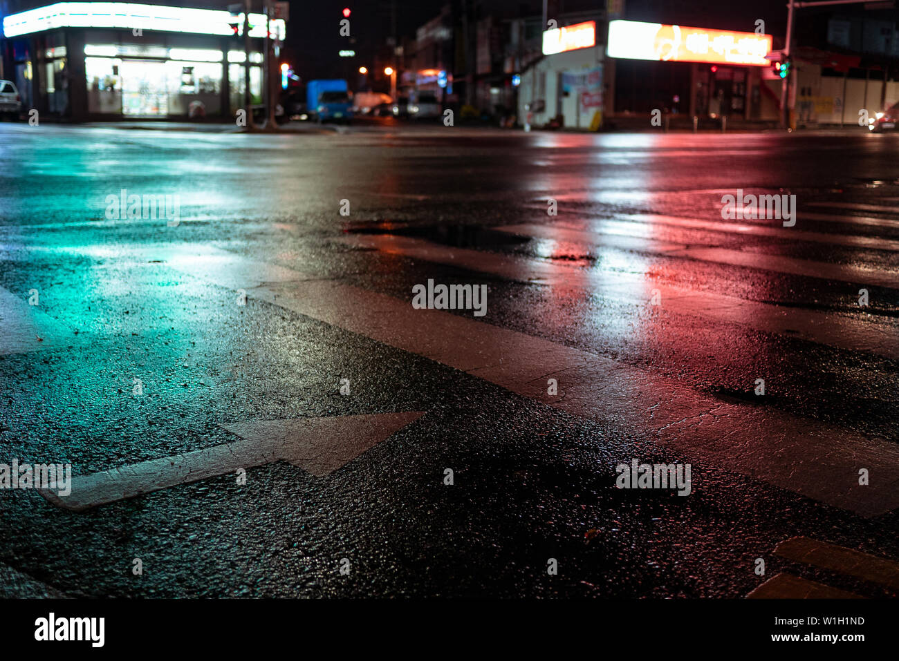 Crosswalk with pointing arrow in the night in neon light. wet asphalt ...