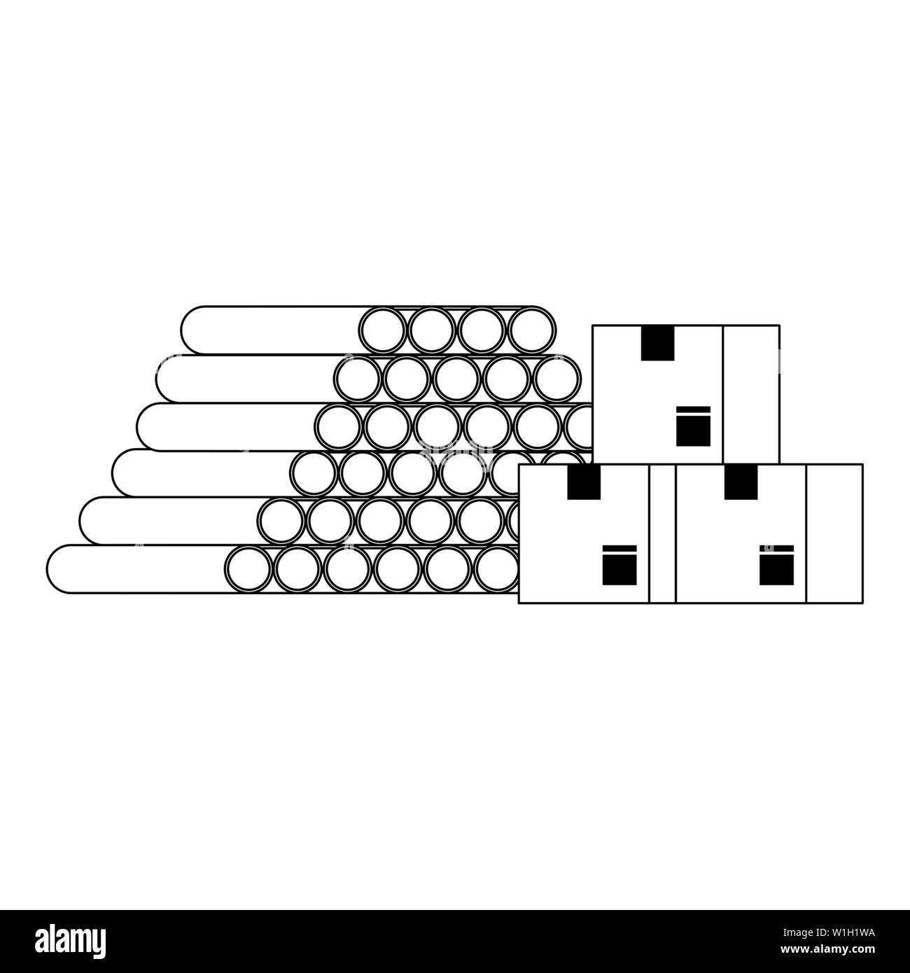 Warehouse pvc pipes and delivery boxes in black and white Stock Vector ...