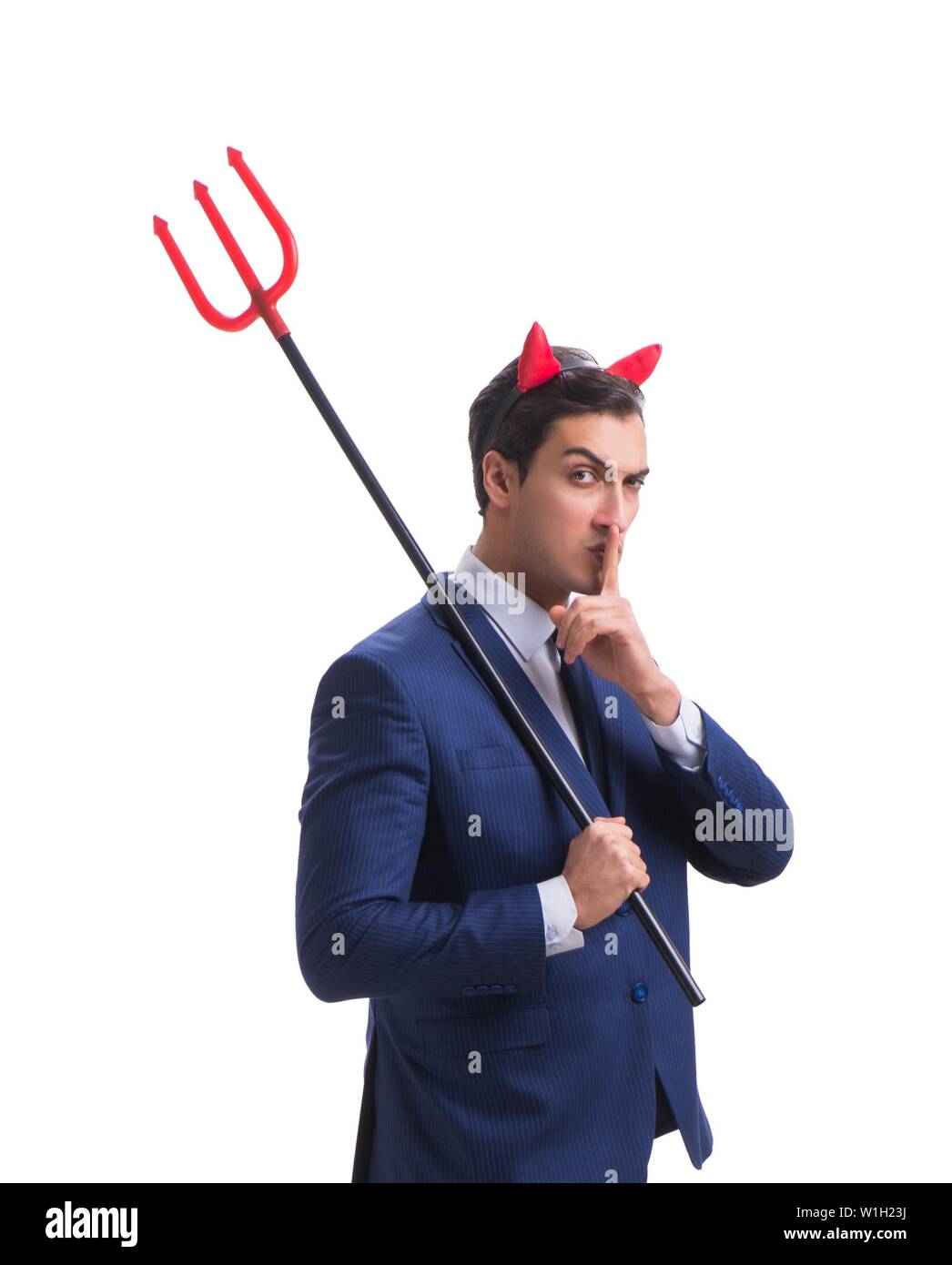 Evil devil businessman with pitchfork isolated on white background ...