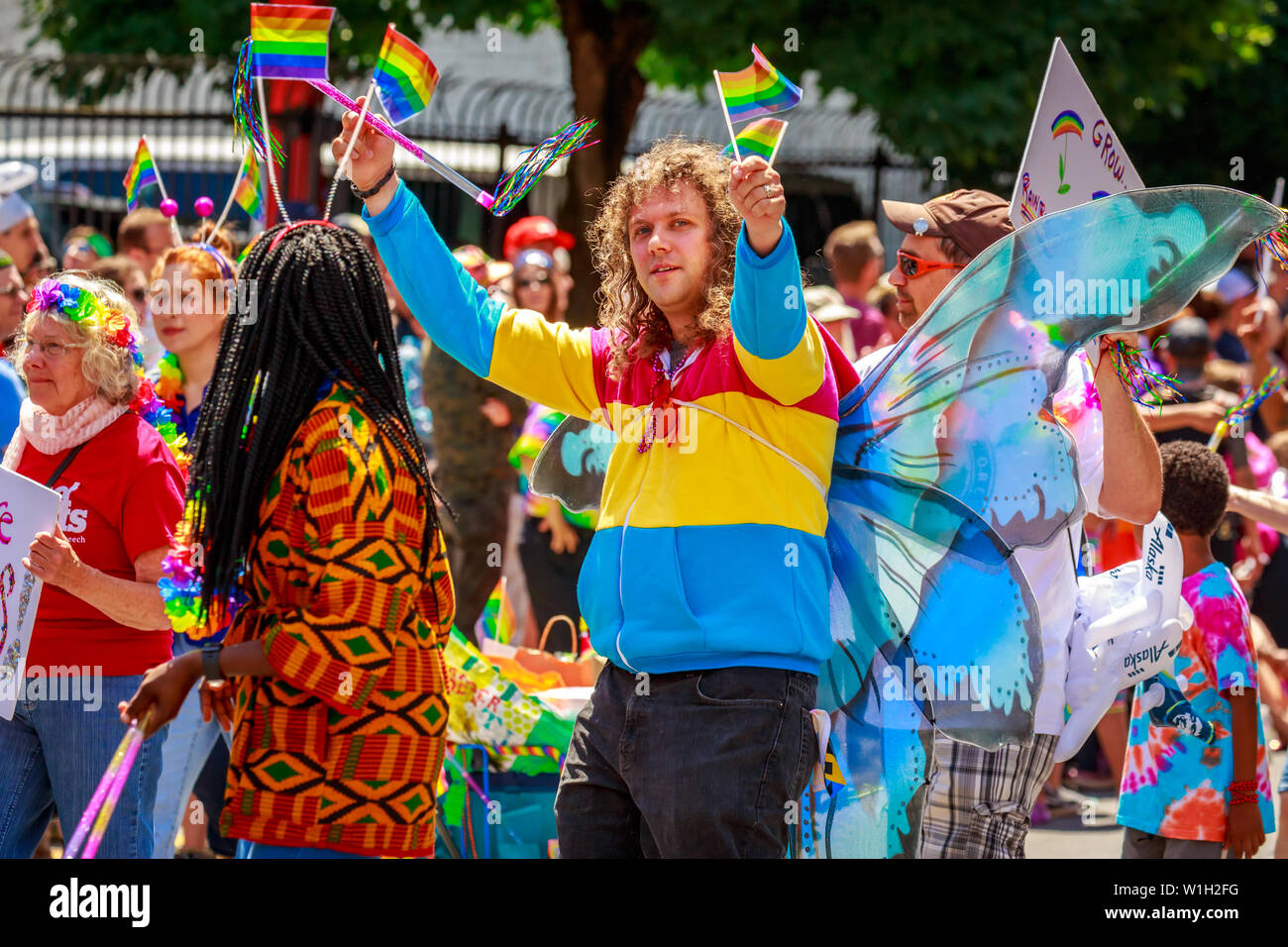 Portland, Oregon, USA - June 16, 2019: Diversified group of people in ...