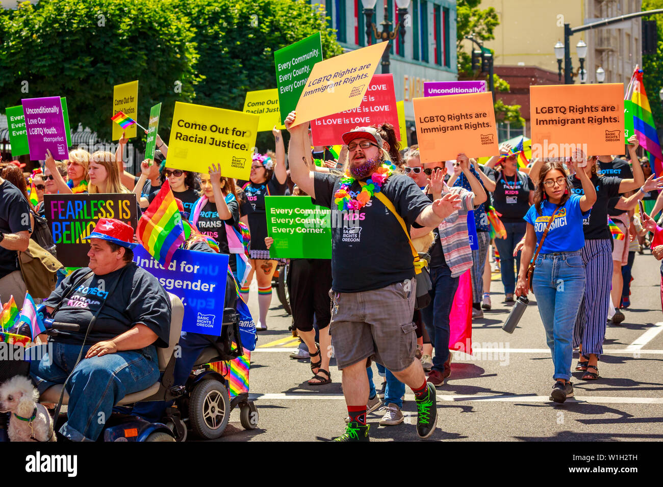 Portland, Oregon, USA - June 16, 2019: Diversified group of people in ...