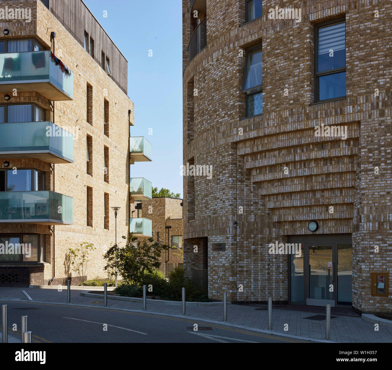 Exterior brickwork of rotunda housing tower. Stonebridge Park, London ...