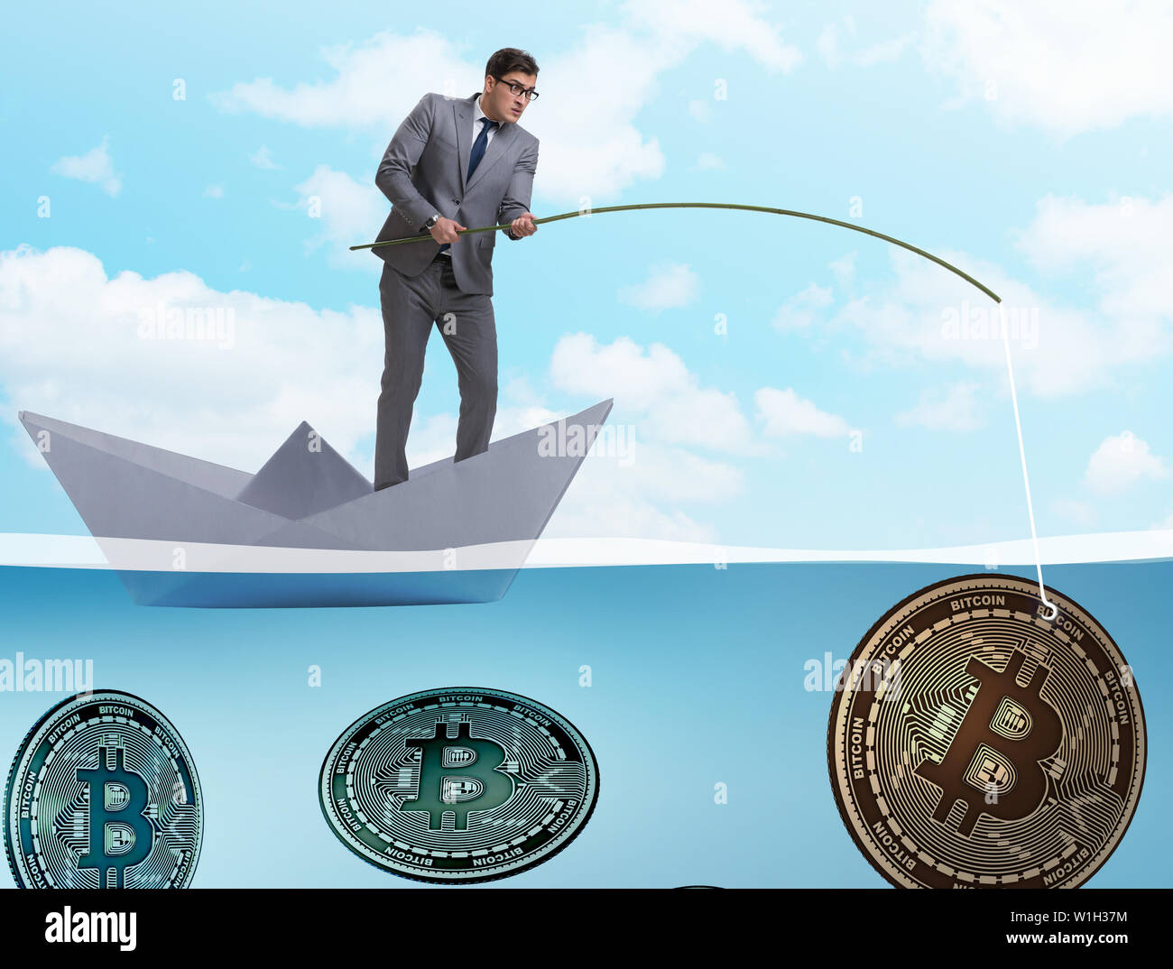 Businessman fishing bitcoins in cryptocurrency mining concept Stock ...