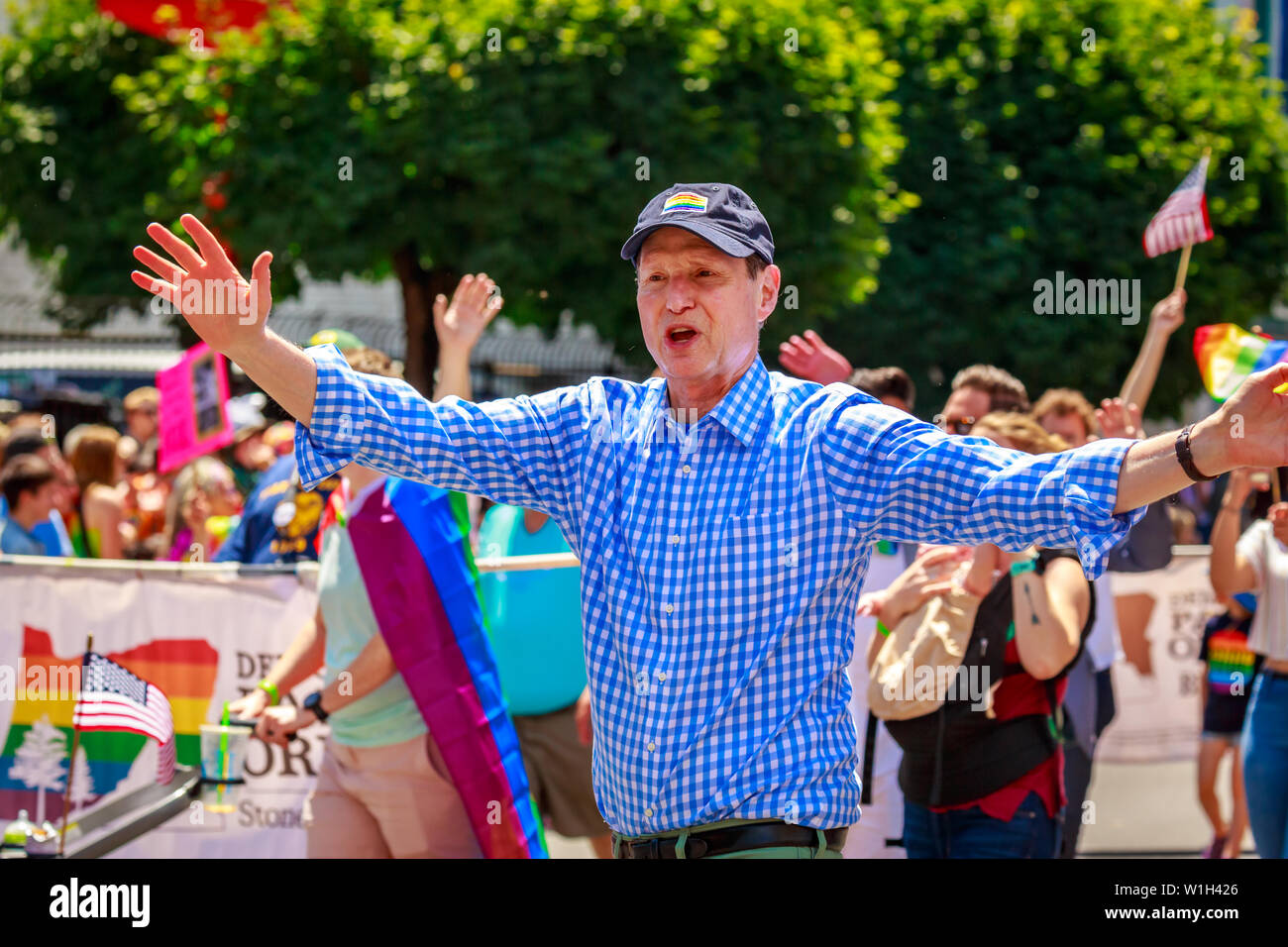 Portland, Oregon, USA - June 16, 2019: Diversified group of people in ...