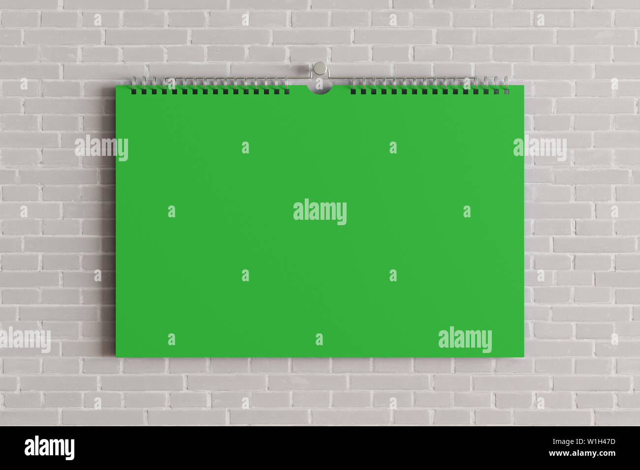 Blank horizontal green calendar mock up on the white brick wall. 3d ...