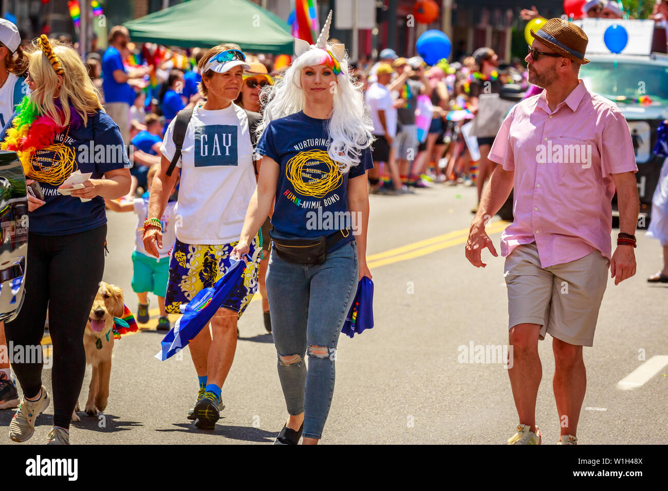 Portland, Oregon, USA - June 16, 2019: Diversified group of people in ...