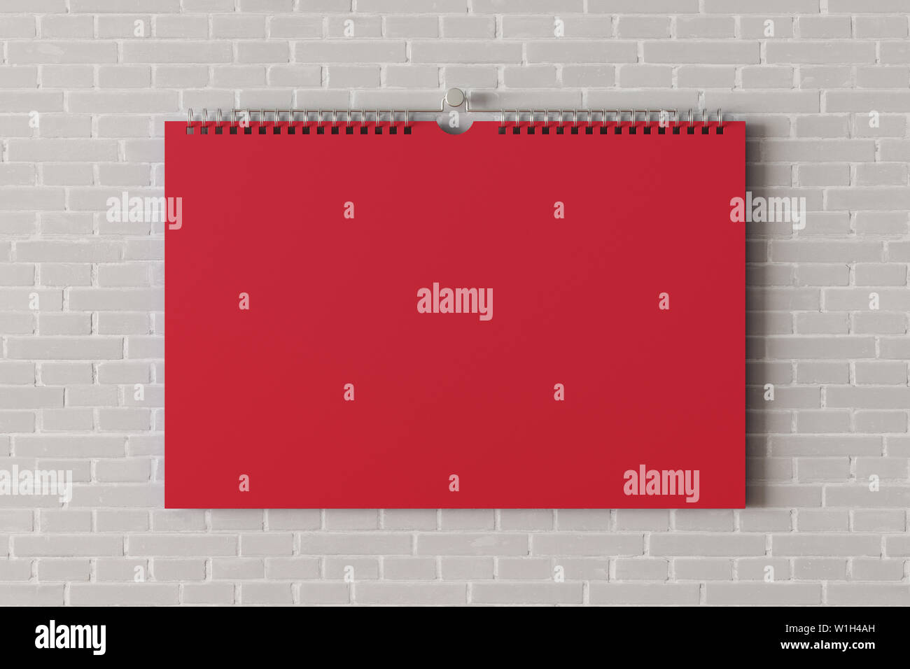 Blank horizontal red calendar mock up on the white brick wall. 3d ...