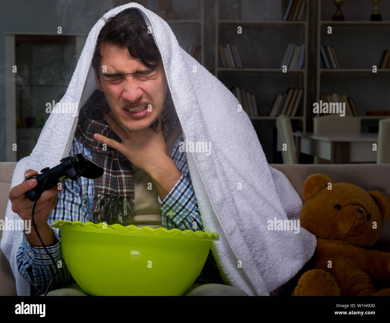 Sick man doing inhalation at night in home Stock Photo - Alamy