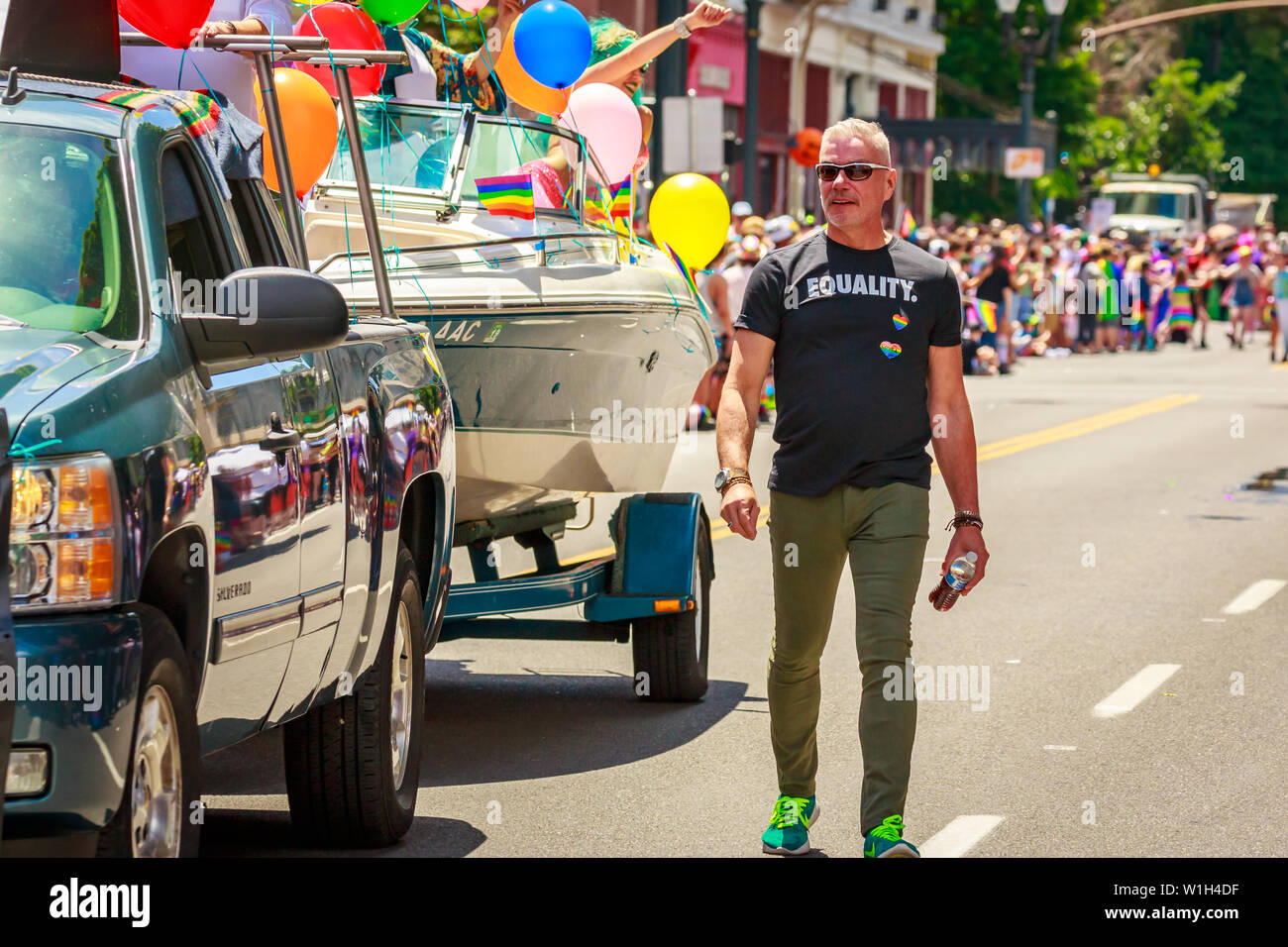 Portland, Oregon, USA - June 16, 2019: Diversified group of people in ...