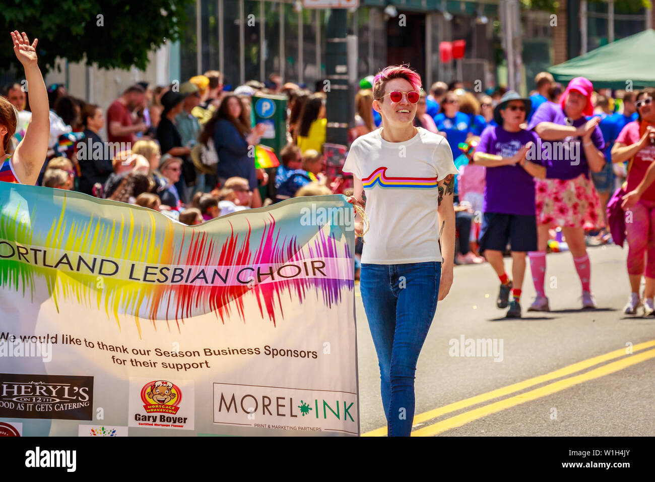 Portland, Oregon, USA - June 16, 2019: Diversified group of people in ...