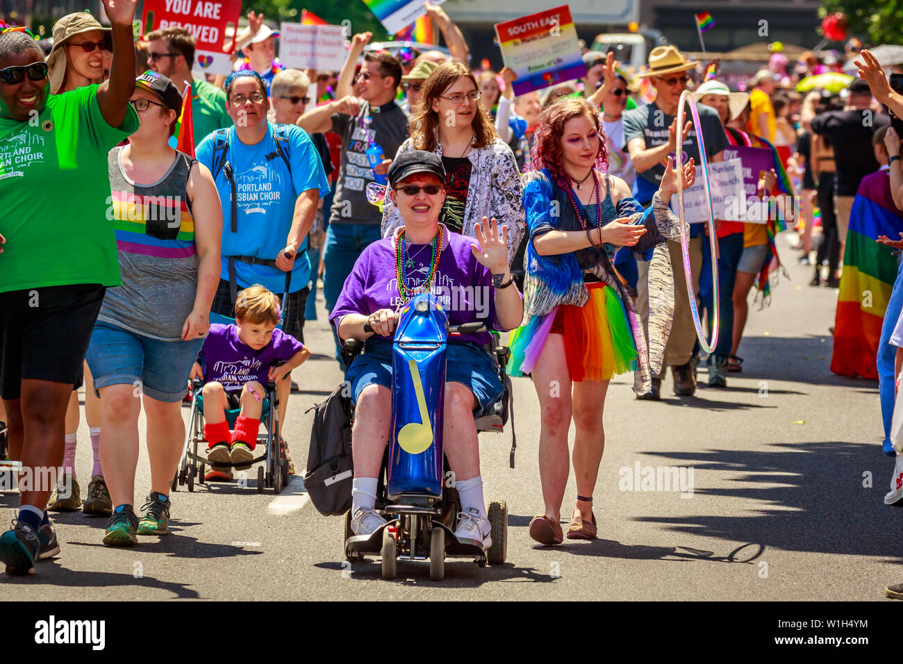 Portland, Oregon, USA - June 16, 2019: Diversified group of people in ...