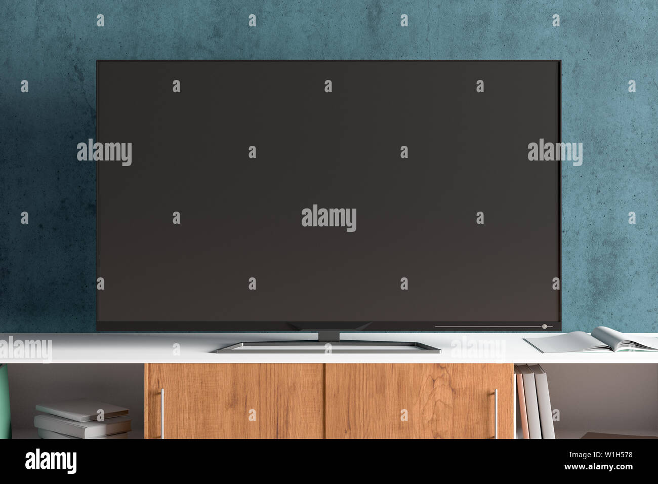TV mock up on the cabinet in modern living room with cyan wall ...