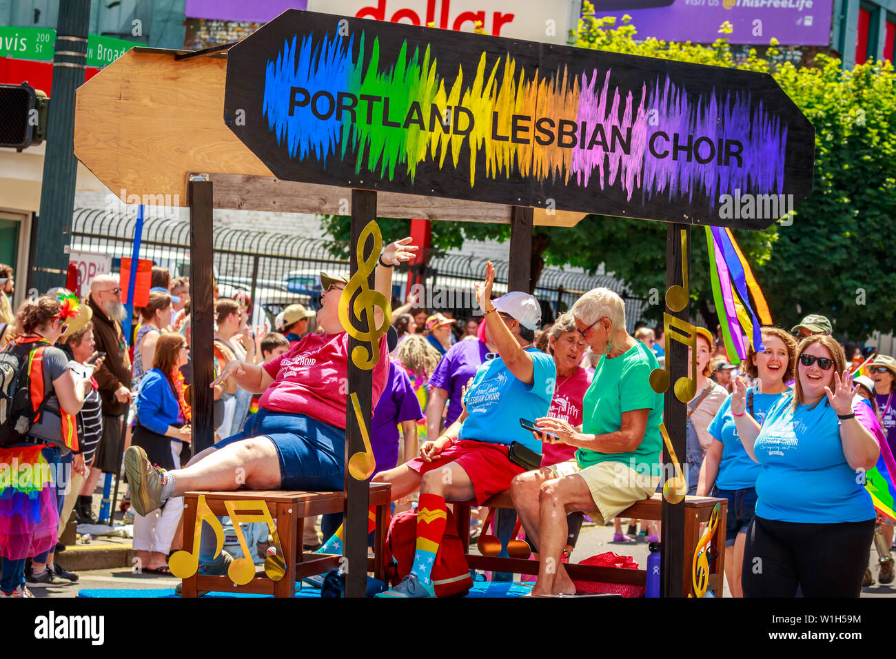 Portland, Oregon, USA - June 16, 2019: Diversified group of people in ...