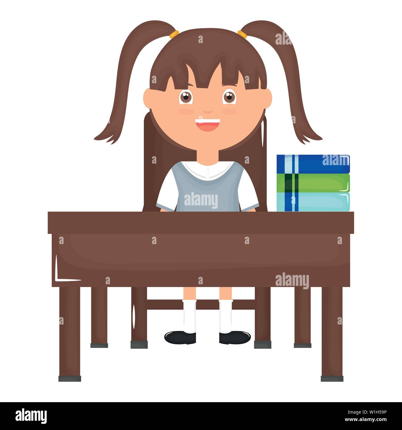 cute little student girl with textbooks in schooldesk vector ...